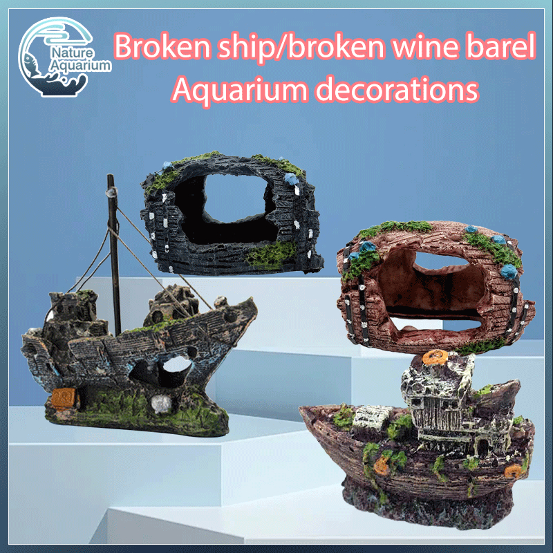 Aquarium Wine Barrel pirate boat volcano Resin Ornament Artificial ...