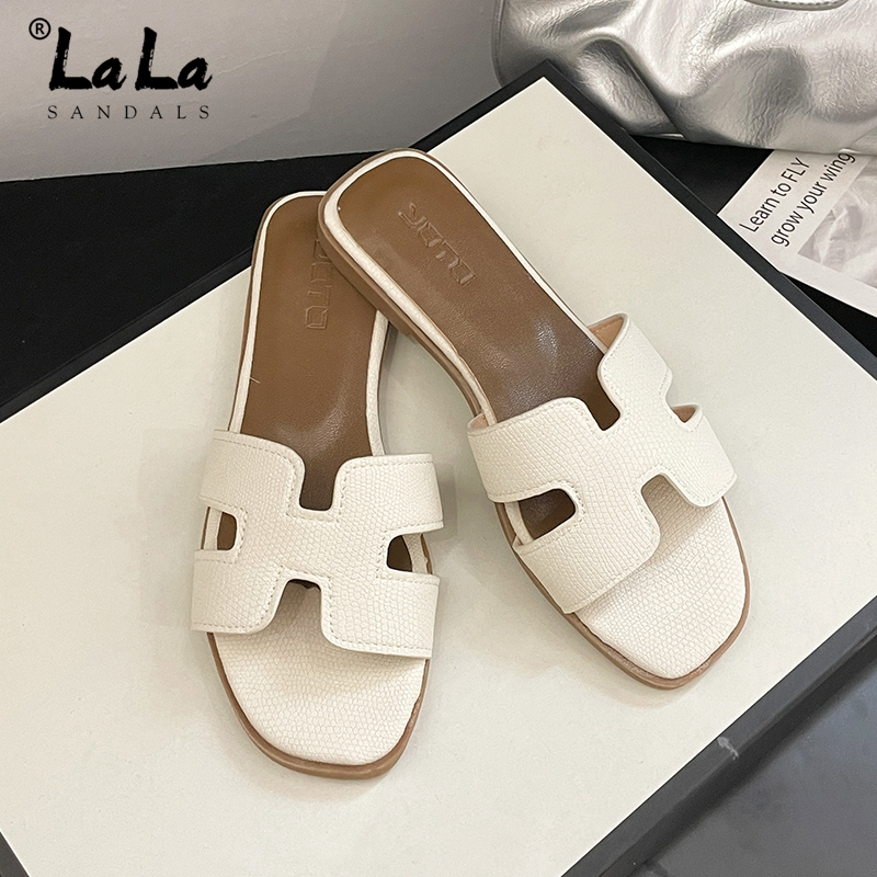 LALA Sandals for Women Leather Slim Flat Flip flops Slides H Strap ...