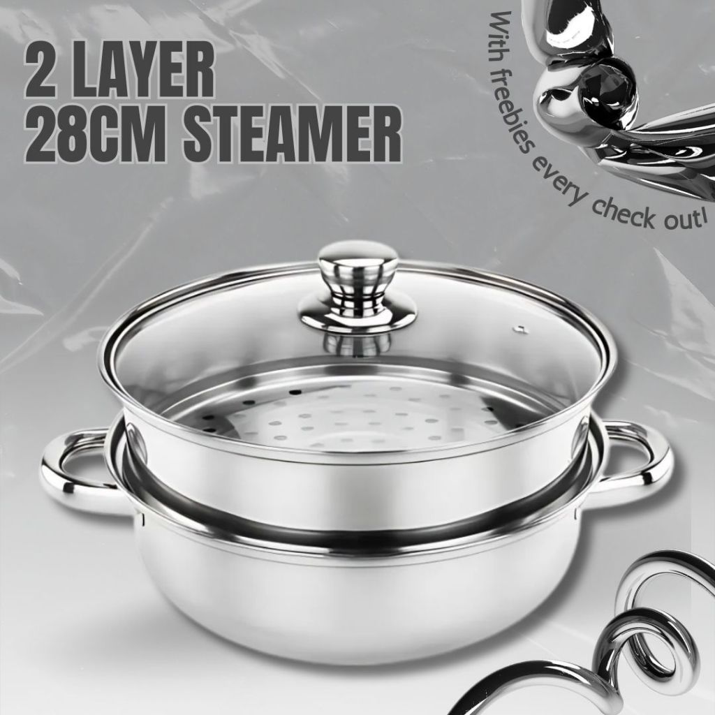 2-Layer 28cm Stainless Steel Steamer Pot w/ Glass Lid | For Dumplings ...