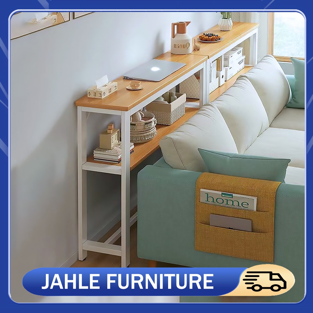JF.Shelves behind sofa Storage cabinets in the gaps Long narrow tables ...