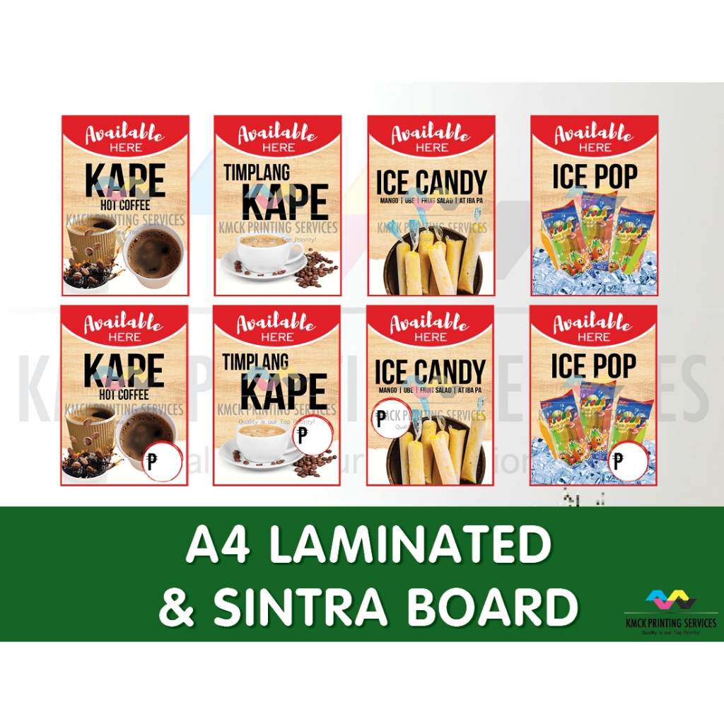 Food Signages Timplang Kape, Kape Coffee, Ice Candy, Ice Pop Laminated ...