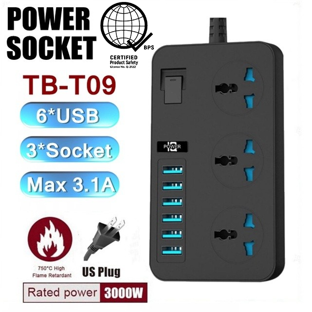 Zeus Multi-function 3.1A Universal Power Socket Extension Cord Plug With 3 Ac Outlet And 6 Usb ...