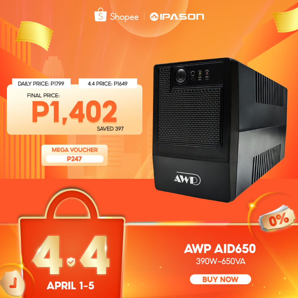 Ipason AWP AID650 Aide 390W-650VA UPS with AVR Uninterruptible Power Supply (4-Sockets) | Shopee ...