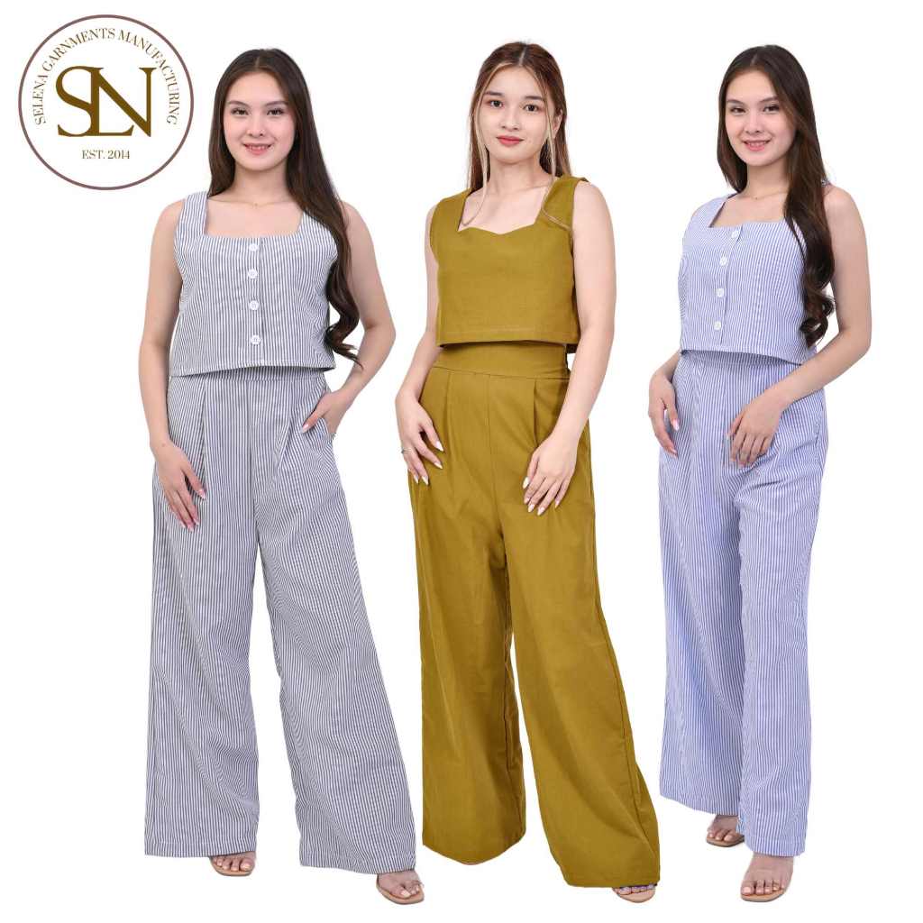 Squareneck Coords Stripes Plain Wide Leg Pants Korean Bangkok ...