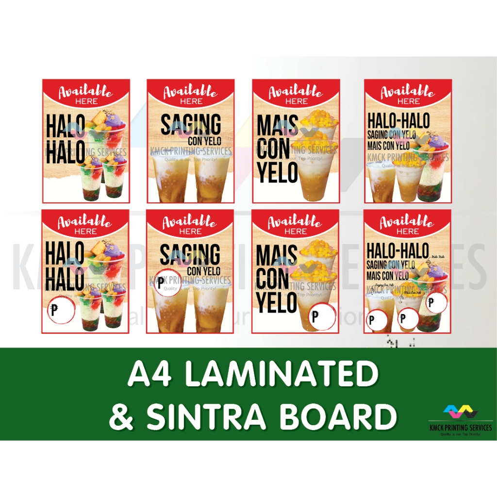 Food Signages Halo-halo, Saging Con Yelo, Mais Con Yelo Laminated ...