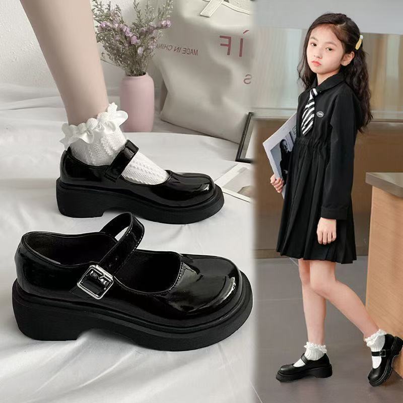 New kids leather shoes girls black soft soled non slip student shoes ...