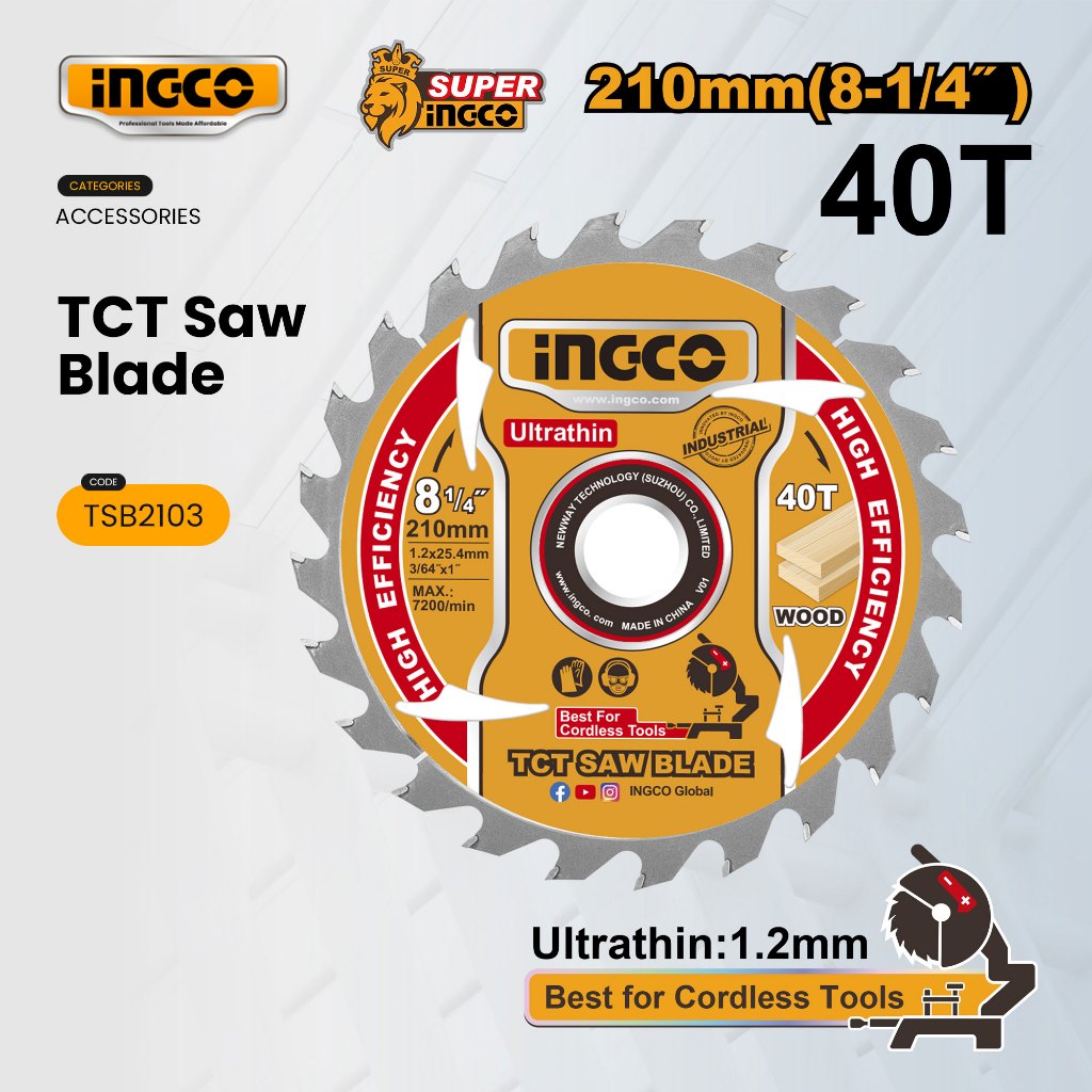 Ingco 40T 8-1/4" Wood Cutting TCT Saw Blade 25.4mm Arbor Cutting Disc ...