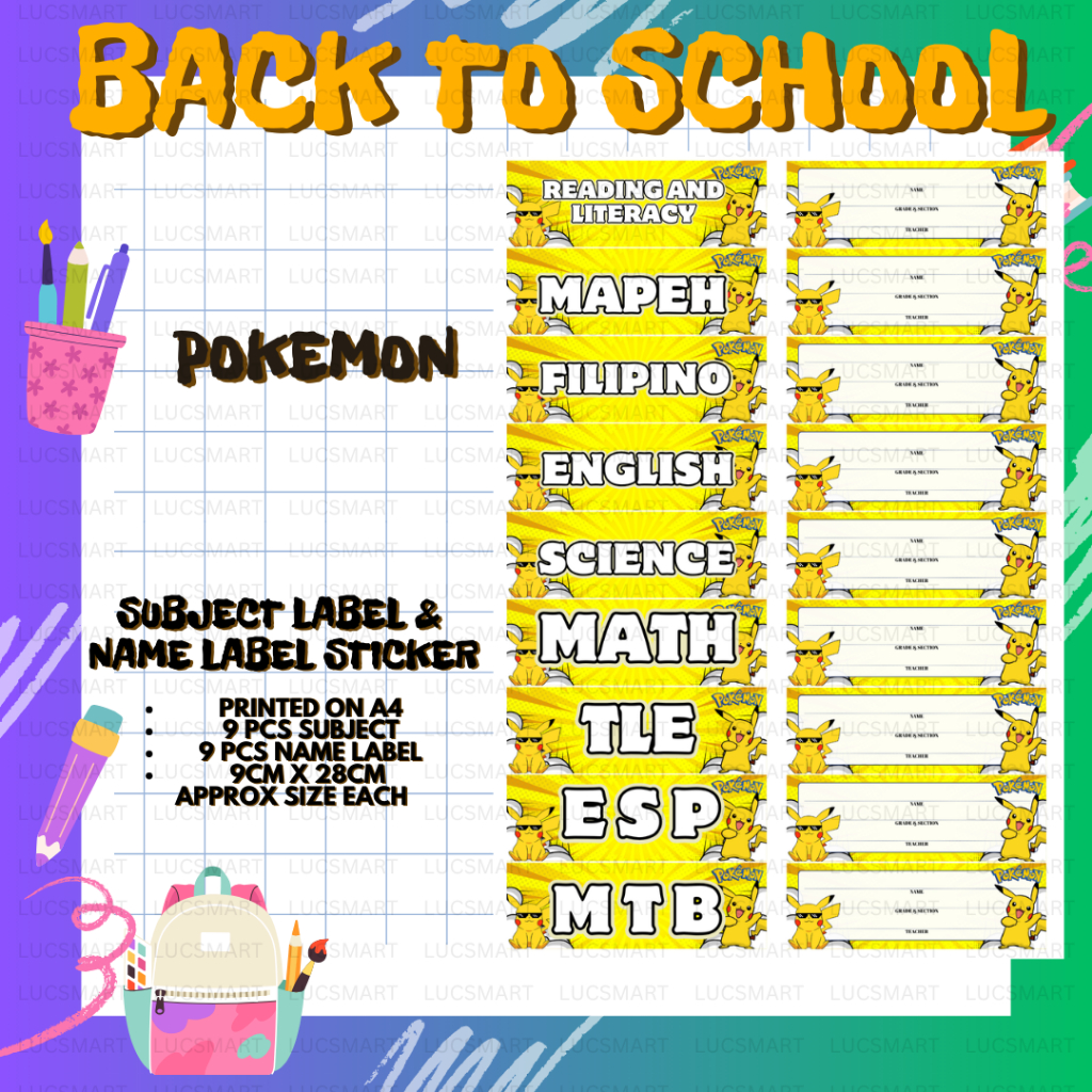 LUCSMART Fast shipping - NEW DESIGN POKEMON THEMED Subject and Name ...