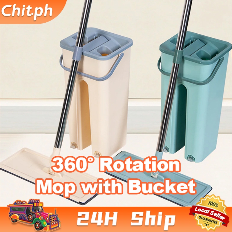 CHIT Flat Squeeze Mop with Bucket 360° Rotating Self Wash Floor Mop ...