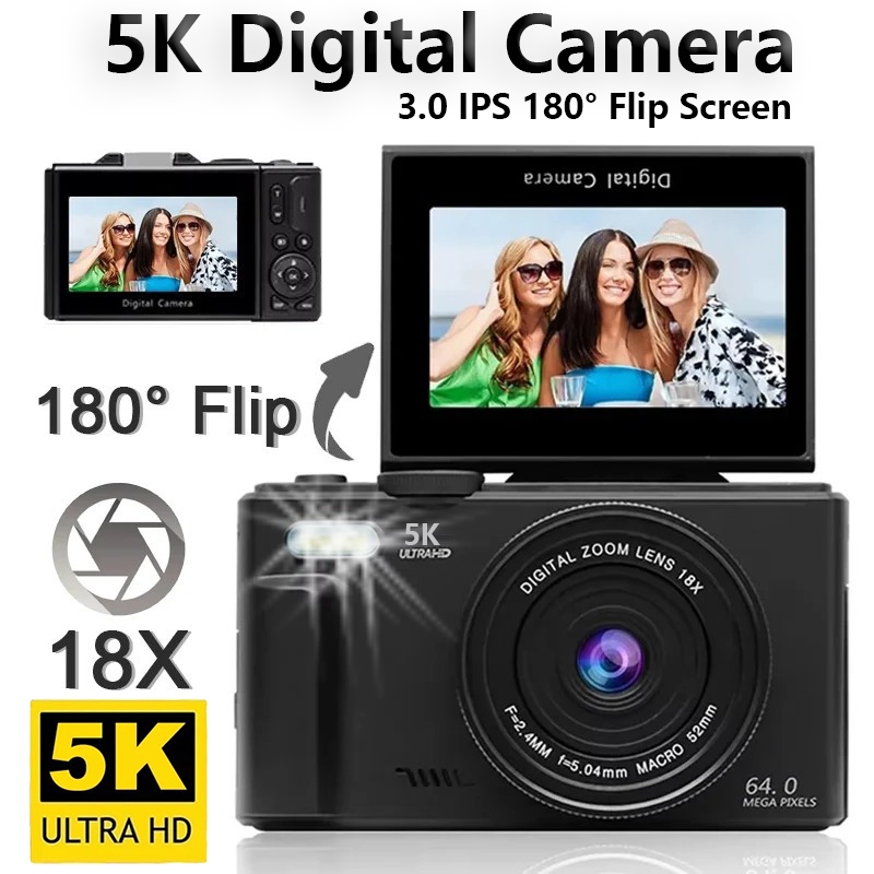 5K Digital Camera for Photography 18X Zoom 64MP Vlogging Camera 3'' 180 ...