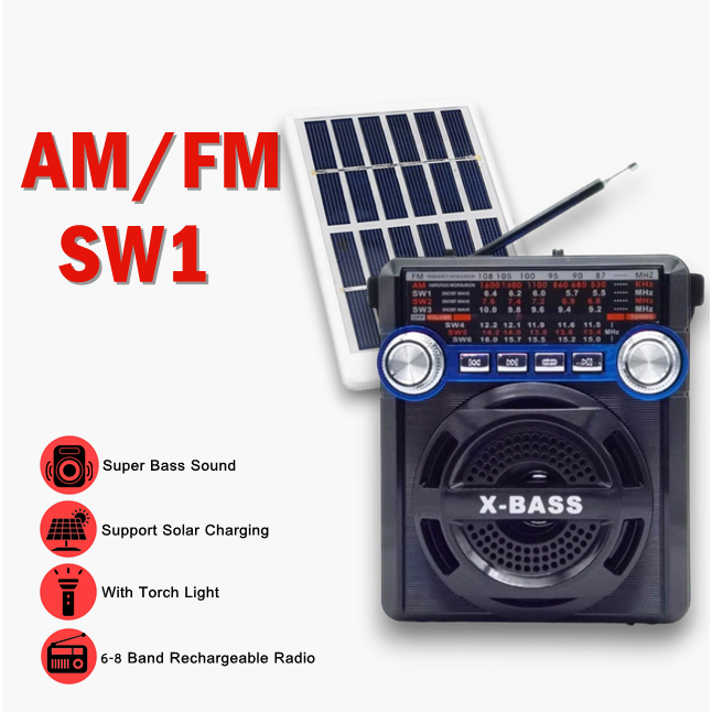 XBass Am-058 AM/FM 3-Band Rechargeable Radio receiver with Solar Panel ...