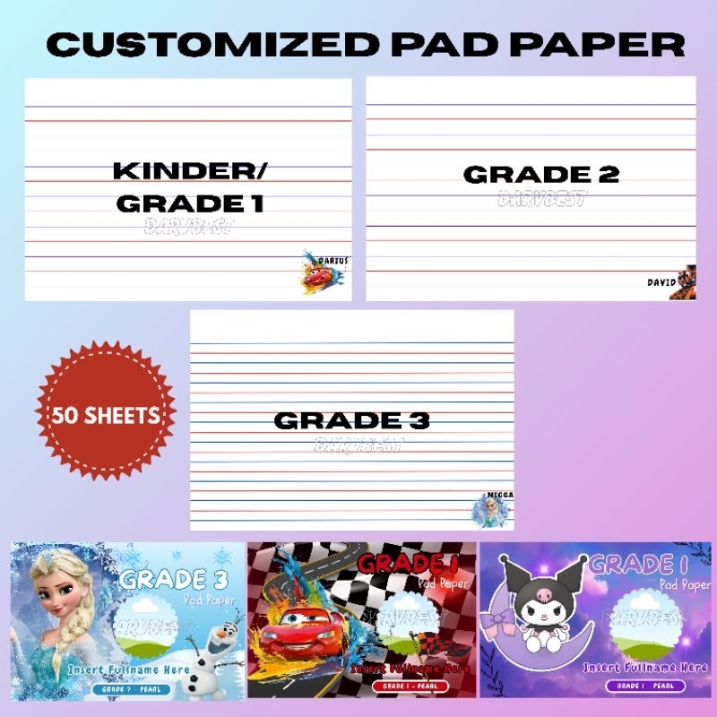 Personalized customized pad paper grade 1,2,3 - 50 sheets customized ...