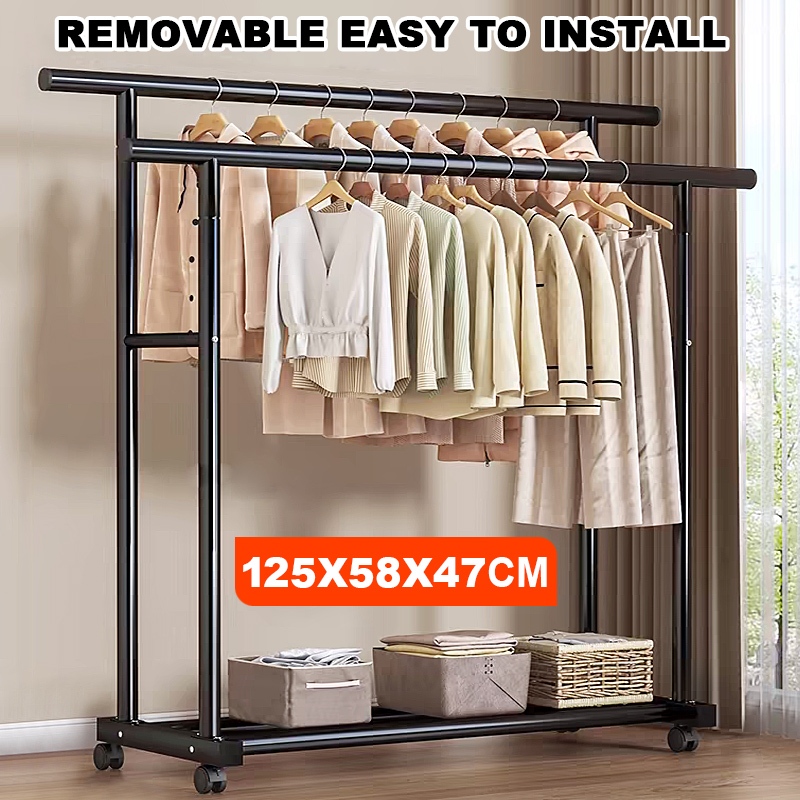 Floor-mounted drying rack Wheeled Double rod drying rack Indoor and ...