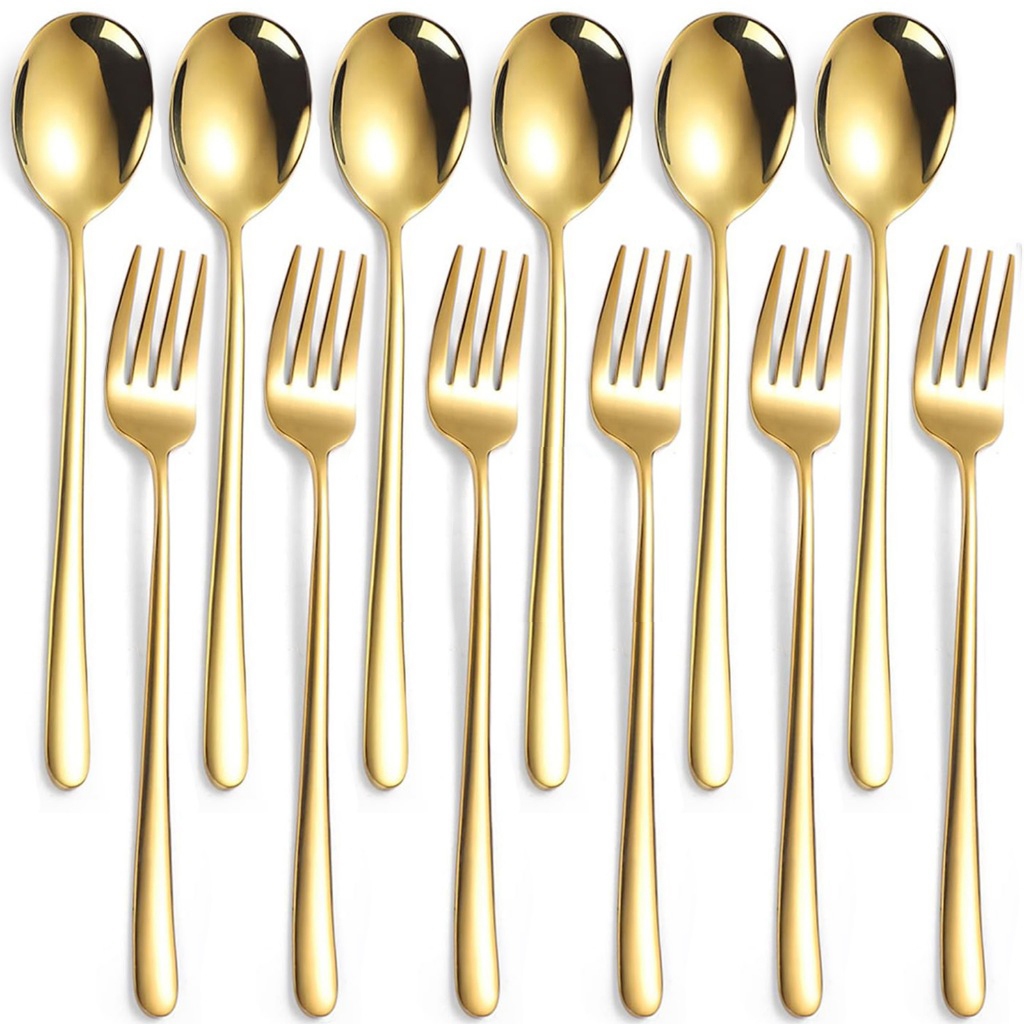 12pcs Stainless Steel Spoon and Fork Set Korean Cutlery Dinnerware Food ...