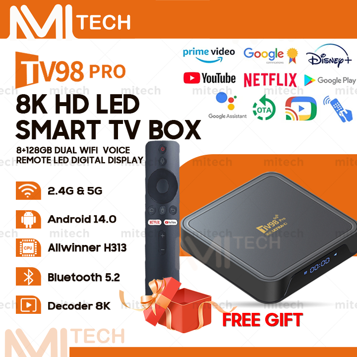TV98 PRO 8+128GB 8K HD LED Display 2.4G/5G Smart tv box Bluetooth5.2 ...