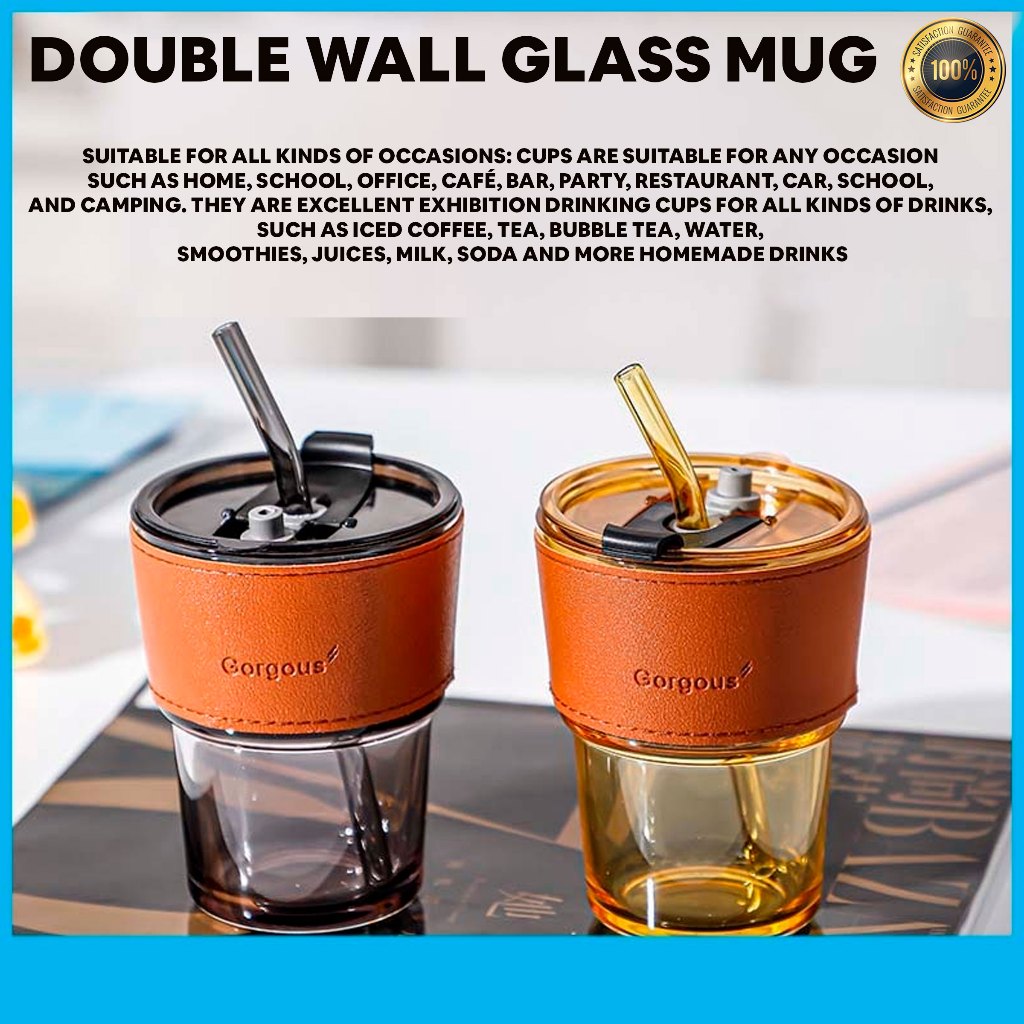 Coffee Mug With Cover Double Wall Glass Cups mugs coffee Silicone Straw ...