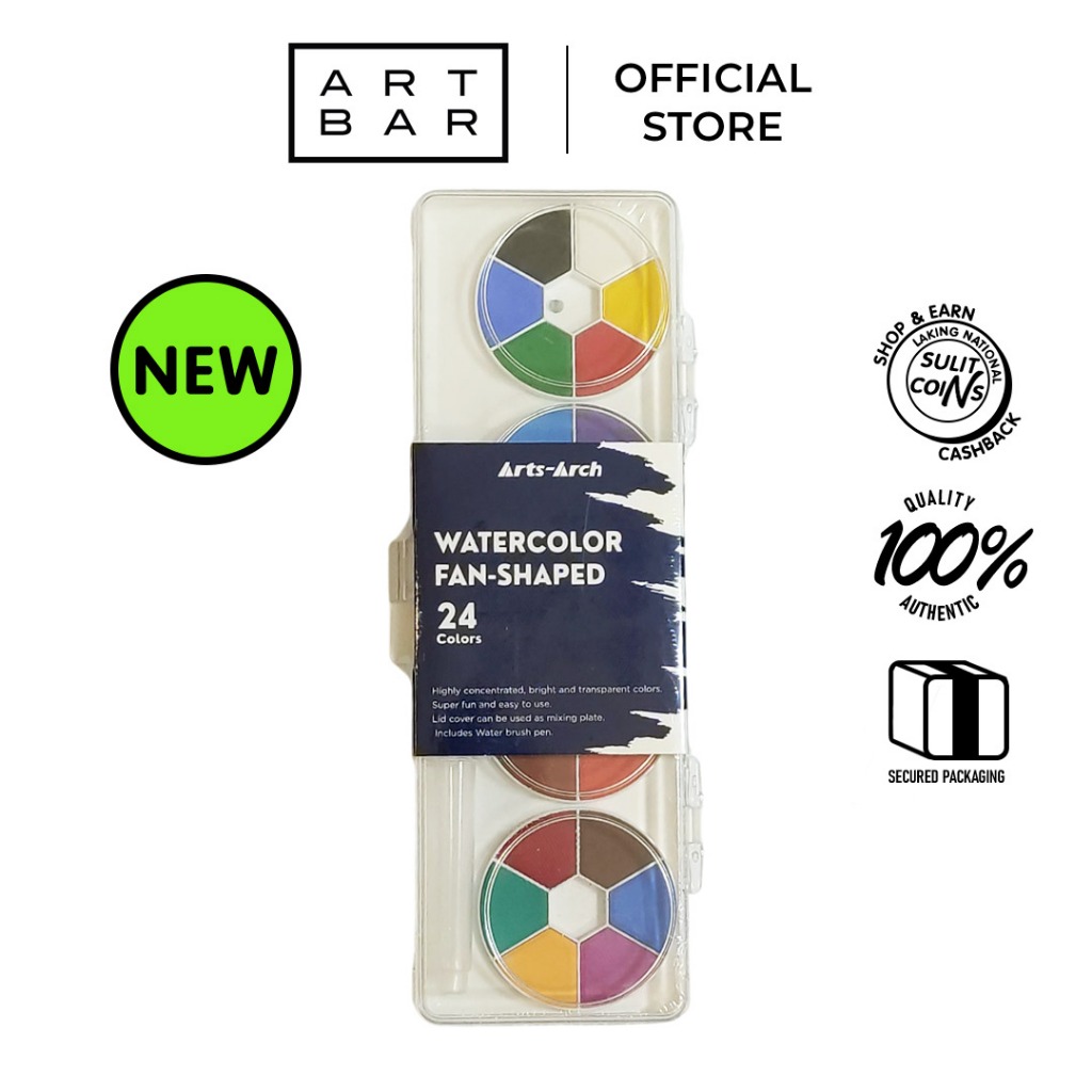 Arts-arch Watercolor Fan-shaped 24 Colors Tempera Block with Waterbrush ...
