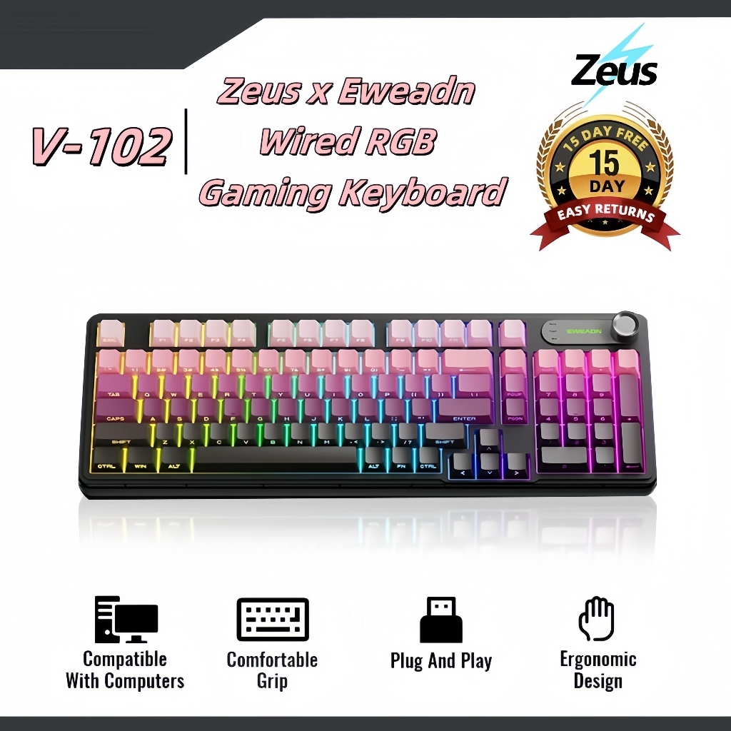 Zeus V102 RGB Mechanical Feel Keyboard 16M RGB Colors Silent Typing Volume Knob LED Logo ...