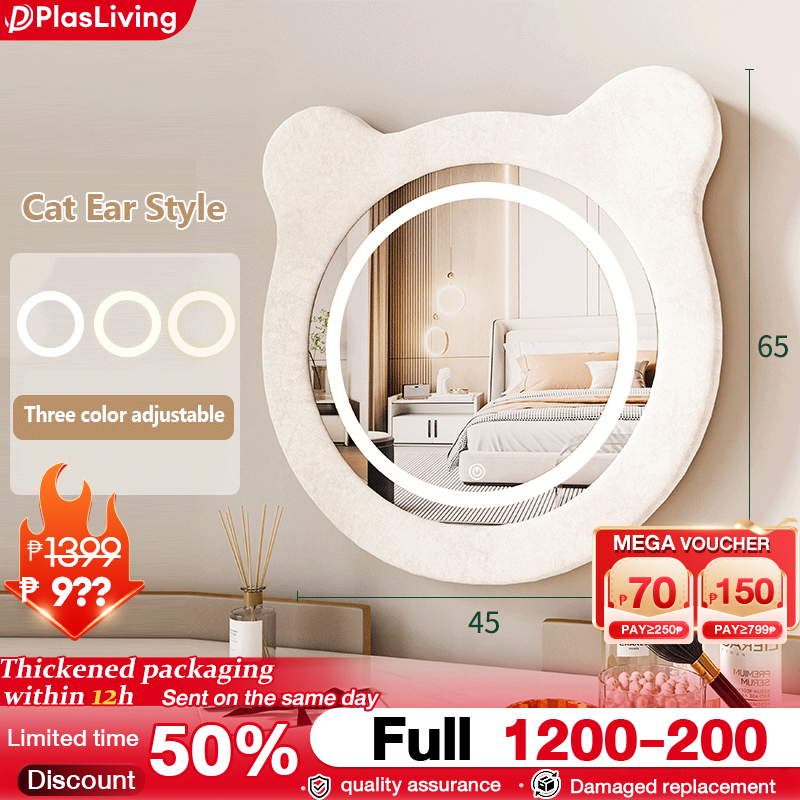 PLAS Cat ears LED makeup mirror 3 color dimmable light Mirror with Non ...