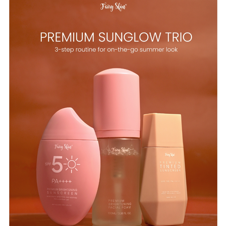 FAIRY SKIN SUNGLOW TRIO FOAM WSH, TINTED SUNBLOCK, GEL CREAM SUNSCREEN ...