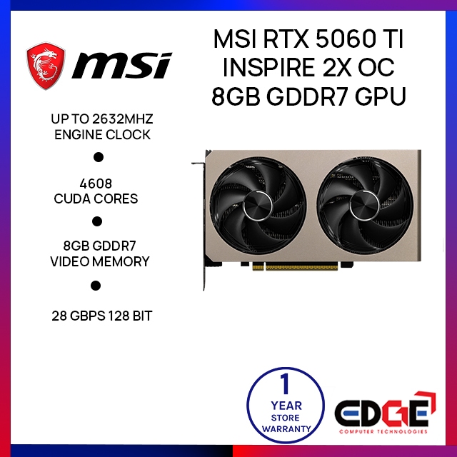 EDGE | MSI RTX 5060 Ti Inspire 2X OC 8GB GDDR7 GPU Graphics Card Unit ...