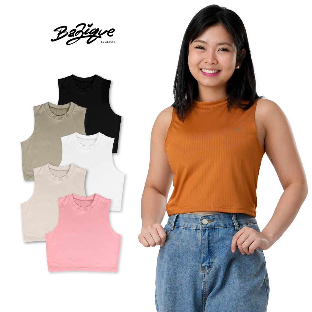 Zeneya Close Neck Crop Top For Women Plain Semi Turtle Neck Sleeveless ...