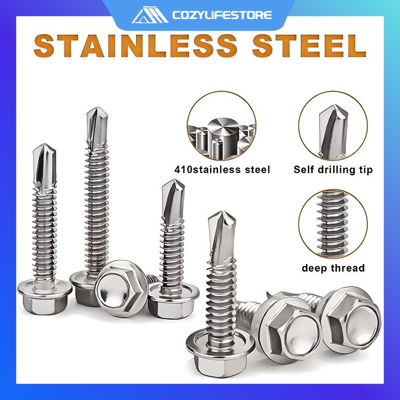100Pcs 410 Stainless Steel Self-Drilling TEK Screws, #12 Hex Head Self ...