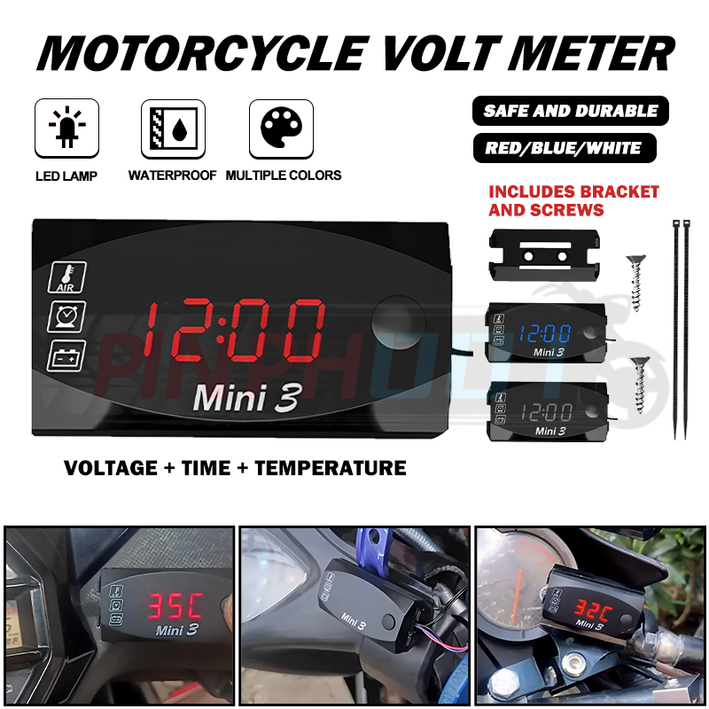 Motorcycle Volt Meter LED Digital Volt Meter 12V Waterproof Voltmeter ...