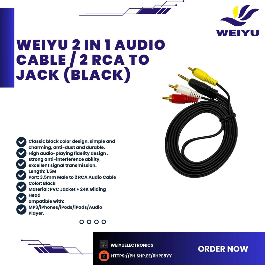 WEIYU 2 in 1 Audio Cable / 2 RCA to 3.5 mm Jack (BLACK) | Shopee ...