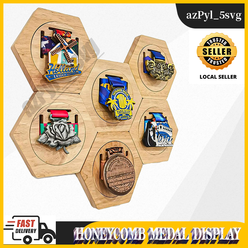 Honeycomb Wooden Medal Display Stand Wall Organizer Storage Decoration ...