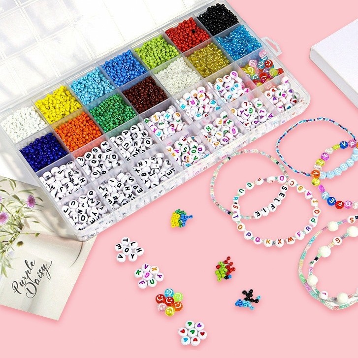 WITH LOCK Beads Kit With Elastic Line 3mm Glass Seed Beads Acrylic ...