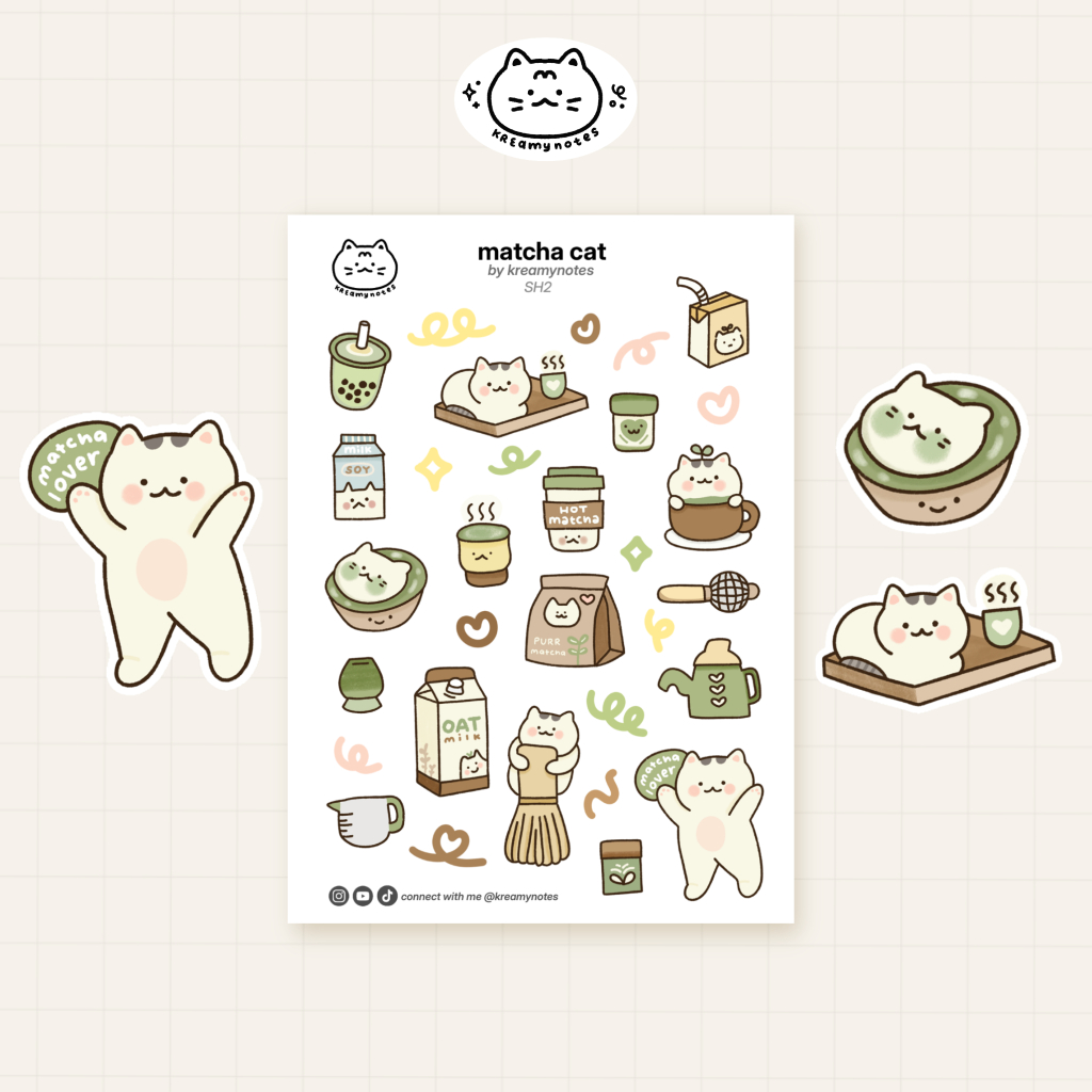 Matcha Cat Planner & Journal Stickers SH2 Kreamynotes Art Studio ...