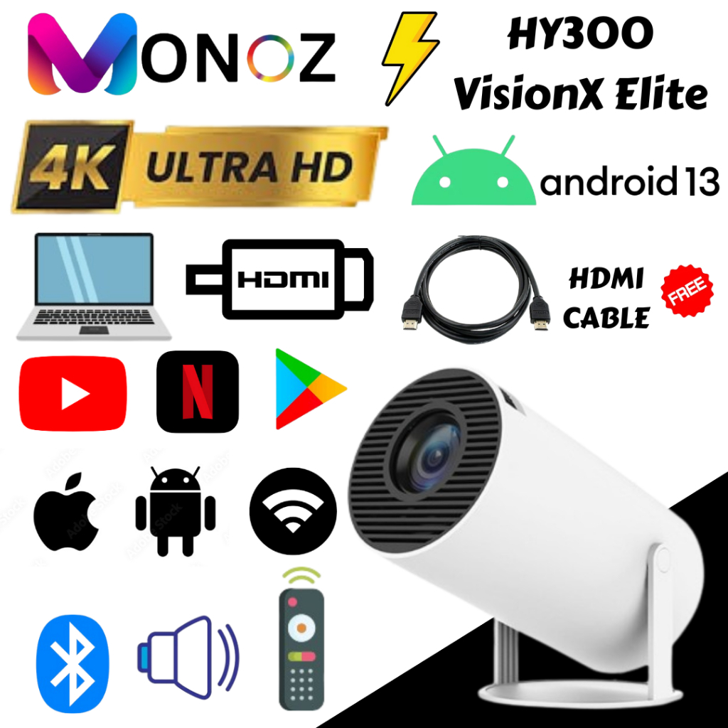 HY300 VisionX Elite 4K Smart Projector | Android 11, 8000 Lumens, WiFi BT HDMI, Home & Outdoor ...