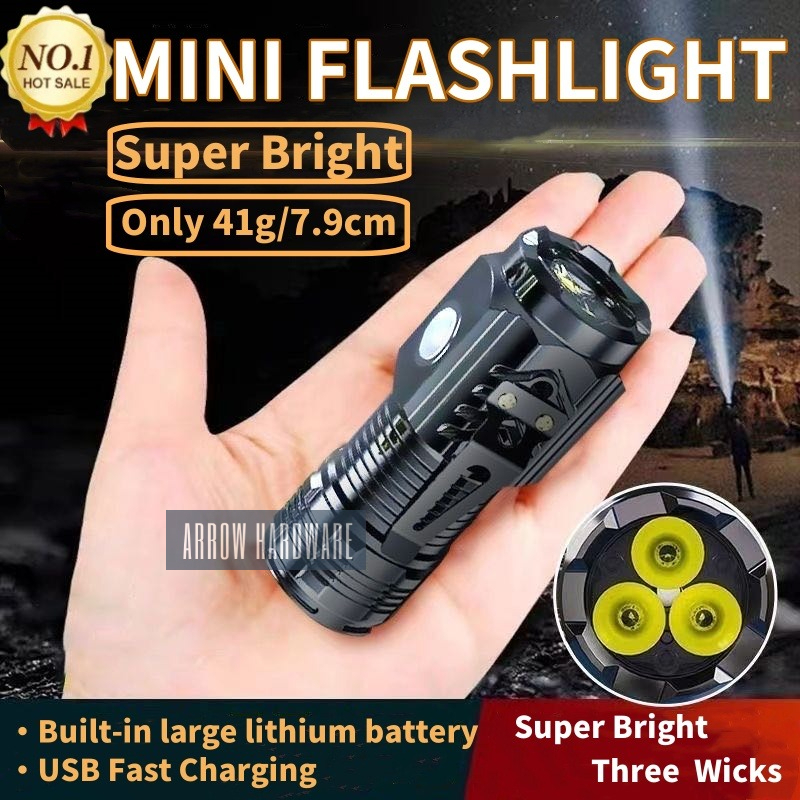 LED Flashlight USB rechargeable super bright with back clip and battery ...