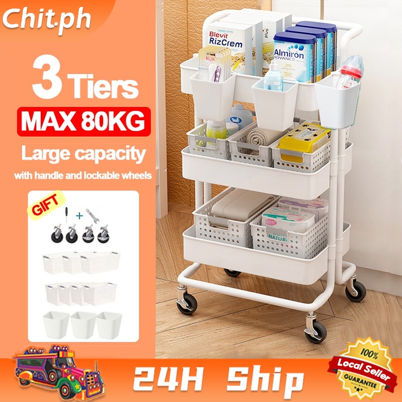 3 Tier Trolley Cart Storage with Wheels Multi-purpose Utility Cart ...