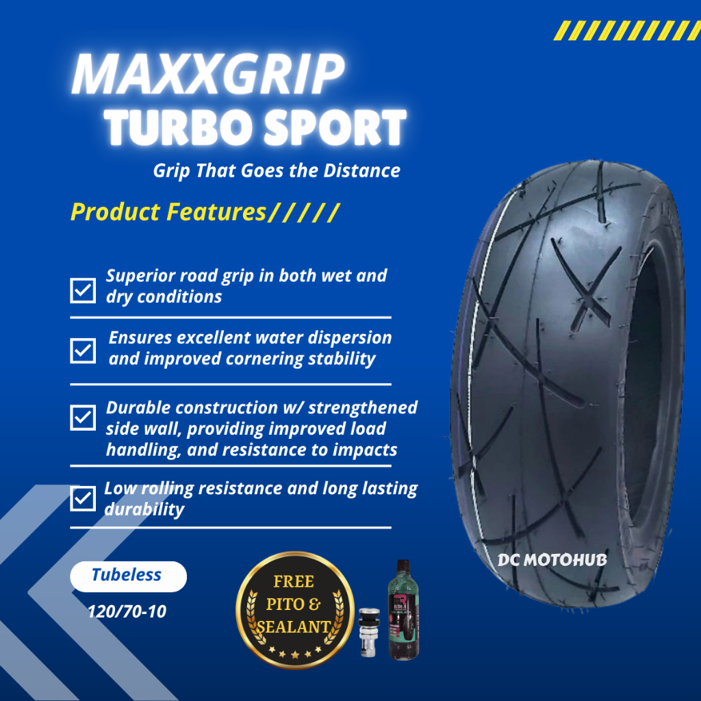 Maxxgrip Turbo Sport Tubeless Tire 120/70/10 with Free Pito and Sealant ...