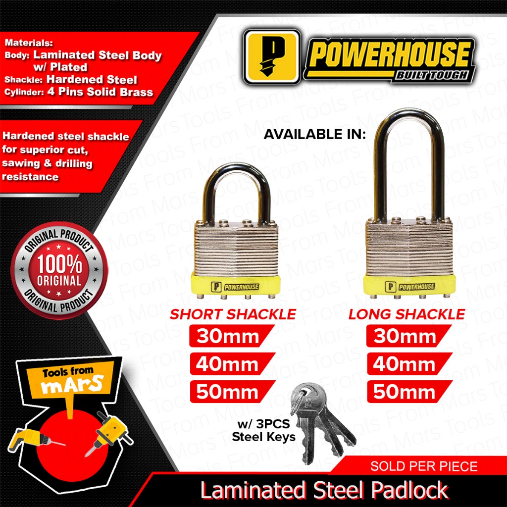 Powerhouse Long / Short Shackle Laminated Steel Padlock (30mm/40mm/50mm ...