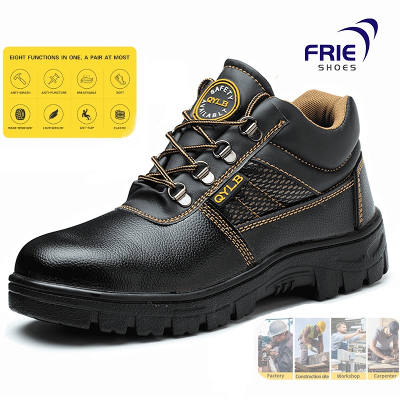 FRIE Men's high cut leather safety shoes for outdoors black steel toe ...