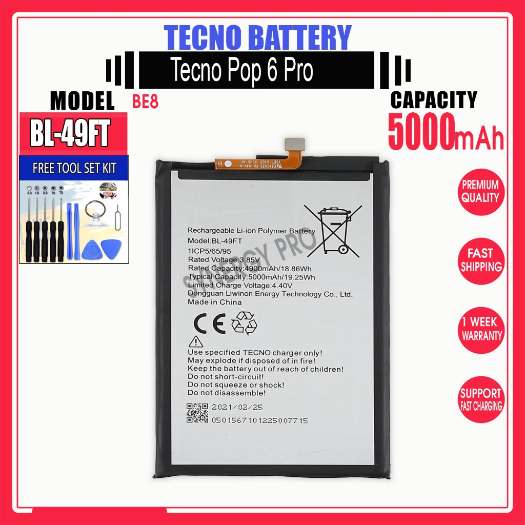 BL-49FT BATTERY FOR TECNO POP 6 PRO BATTERY MODEL BL-49FT 5000MAH ...