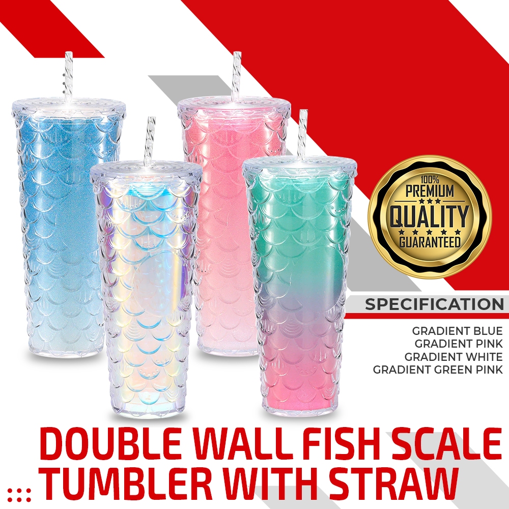 Mermaid Scales Cup Double Wall Fish Scale Plastic Tumbler with Crystal ...