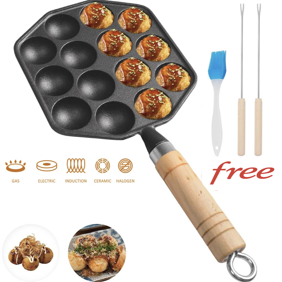 Japanese Takoyaki Grill Pan 14 Holes Nonstick Cast Iron Octopus Meat ...