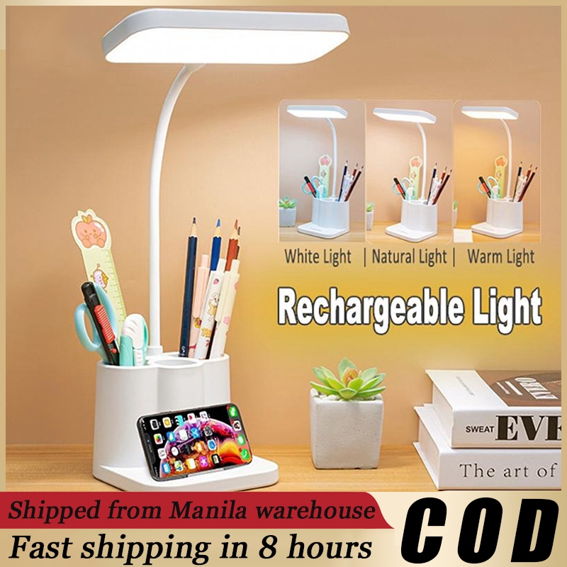 USB Rechargeable Lamp Shade LED Desk Lamp With Pen Holder Study Light ...