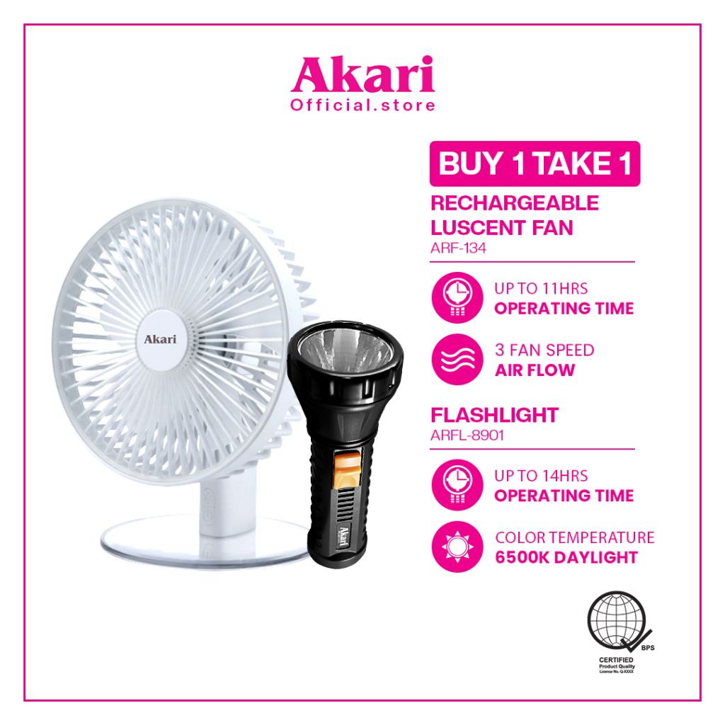 Akari Rechargeable LuSCENT Fan (ARF-134) + FREE LED 2-in-1 Flashlight ...