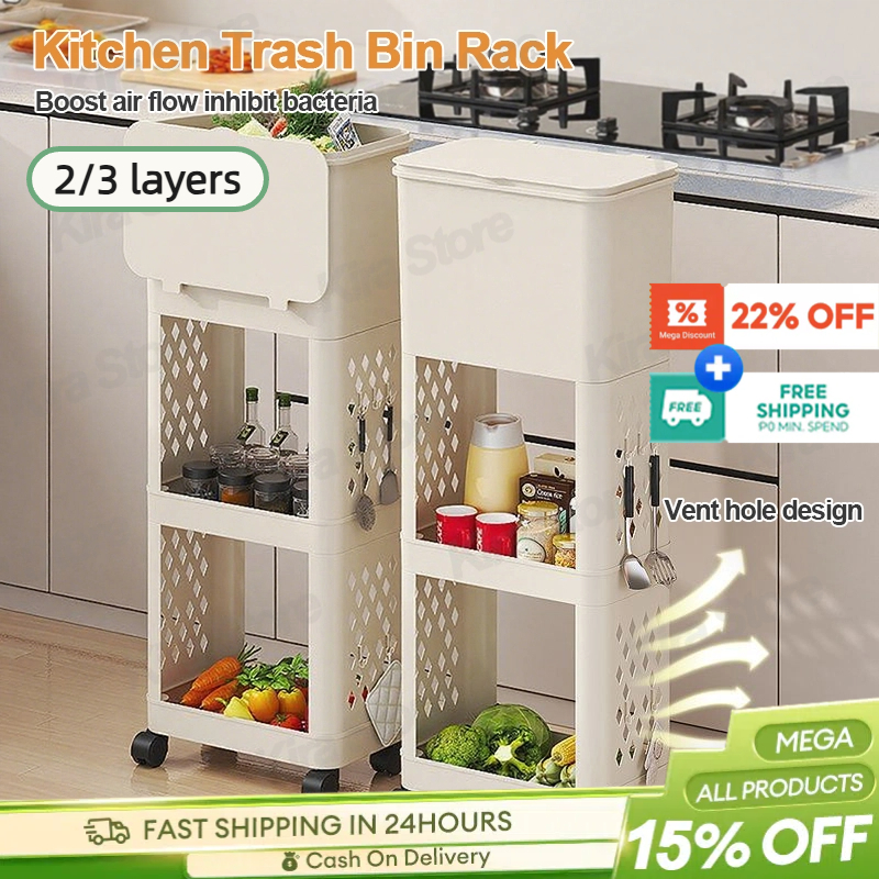 2/3 Layers Trash Bin Kitchen Trolley Cart Storage Rack With Wheels ...