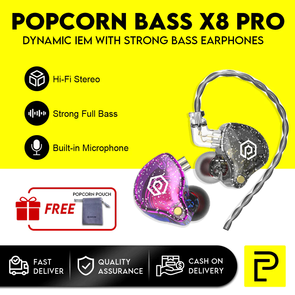 Popcorn Bass X8 Pro Dynamic Earphones Live Stream Hi Fi Bass Earbuds In ...