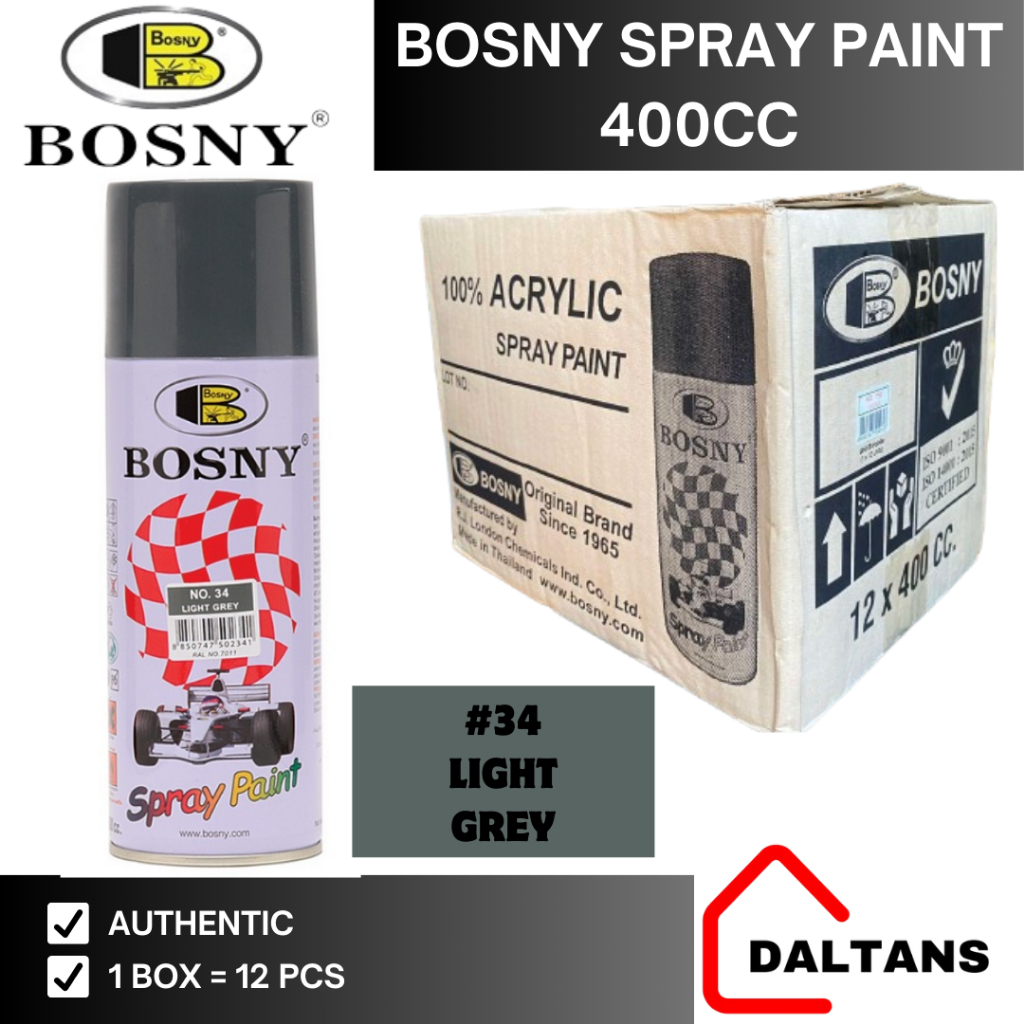 [BOX] 12 PCS BOSNY ACRYLIC SPRAY PAINT #34 LIGHT GREY | Shopee Philippines