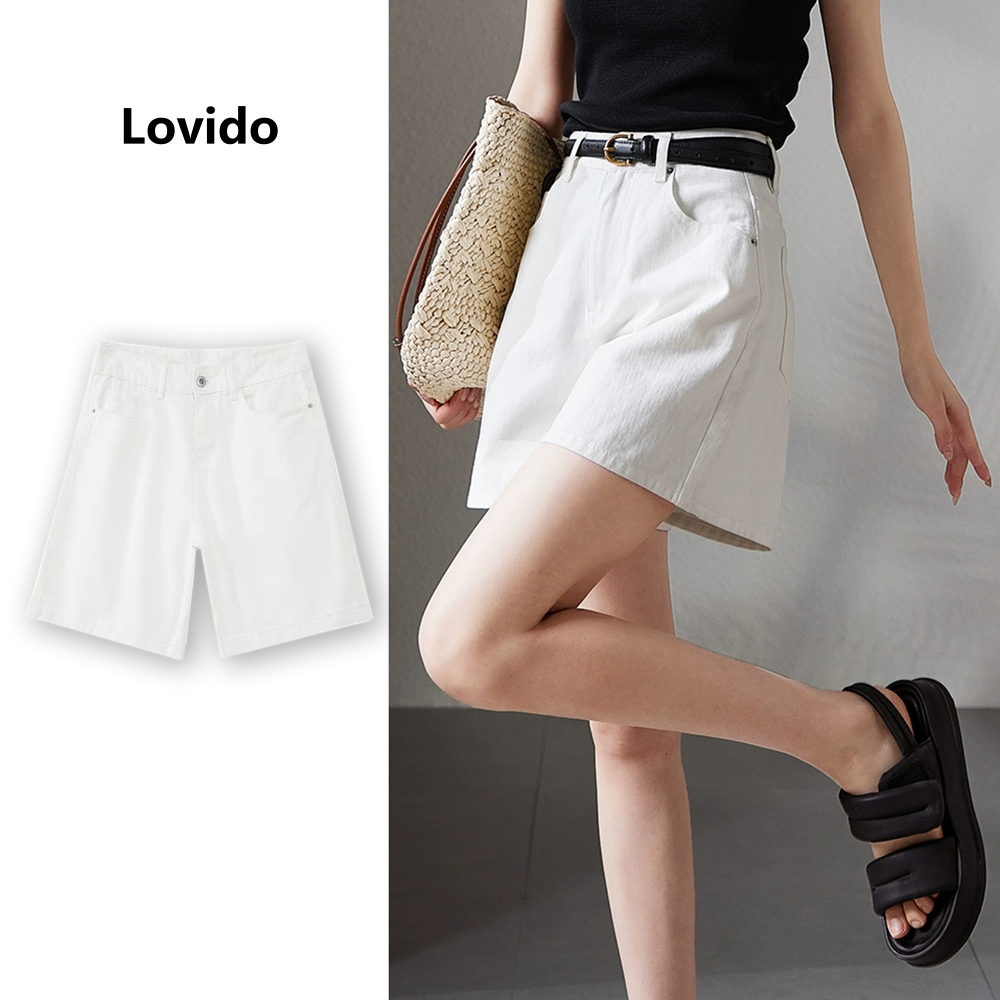White straight five-point denim shorts women's summer versatile high ...
