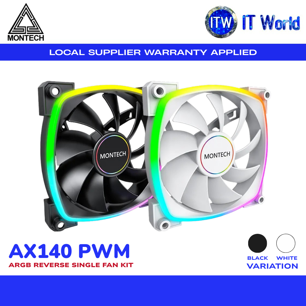 Montech AX140 PWM 140mm ARGB Reverse Single Fan Kit (Black | White ...