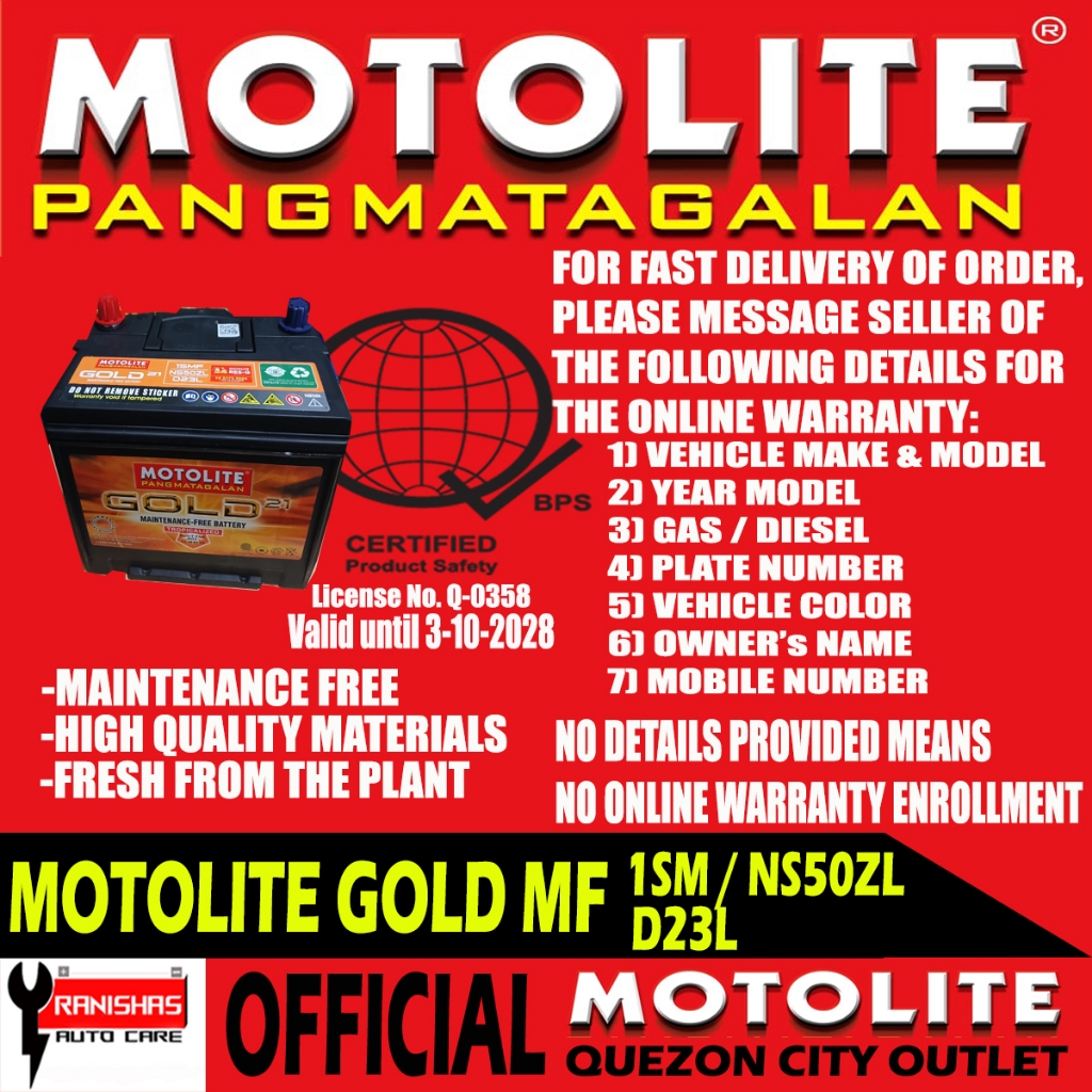 MOTOLITE GOLD 1SMF 1SM Maintenance Free Battery NS50L NS50ZL D23L D23 ...