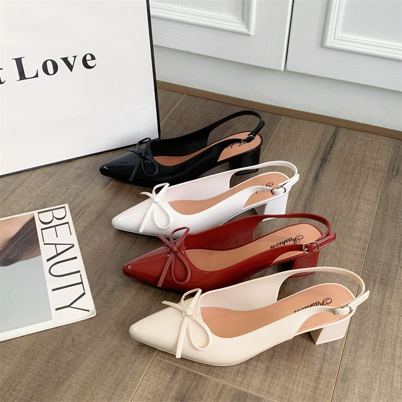 New style closed toe slingback high heels bowknot thick heel pointed ...